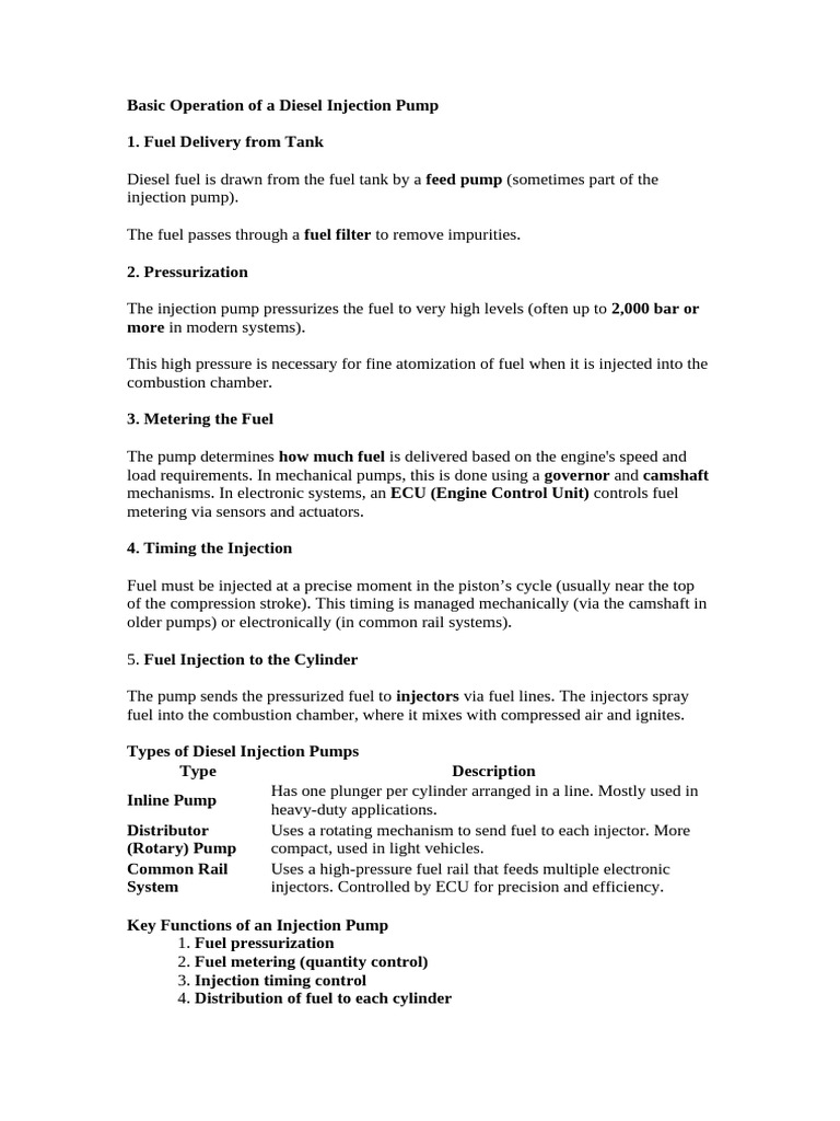 Basic Operation of A Diesel Injection Pump | PDF