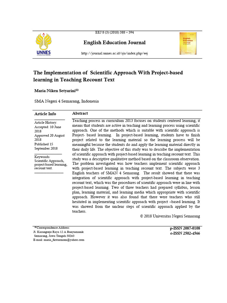 The Implementation of Scientific Approach With Project-Based Learning in Teaching Recount Text ...
