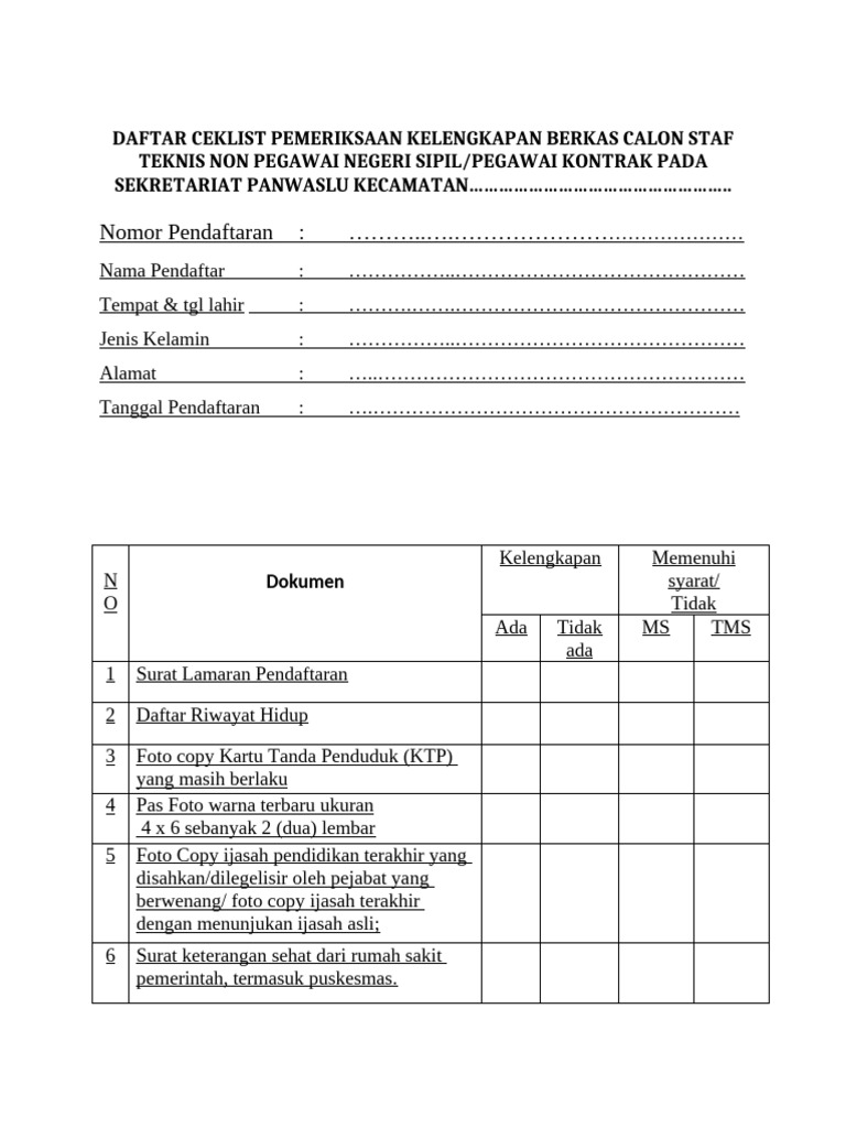 Daftar Ceklist Pemeriksaan Kelengkapan Berkas Calon Staf Teknis Non Pegawai Negeri Sipil | PDF