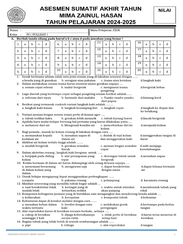 Format Soal Asat 2024-2025 Kelas IV (Fullday) | PDF
