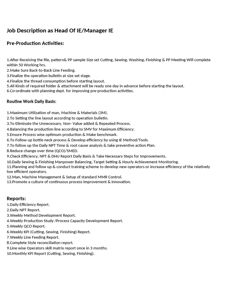 Head of IE Job Responsibilities | PDF