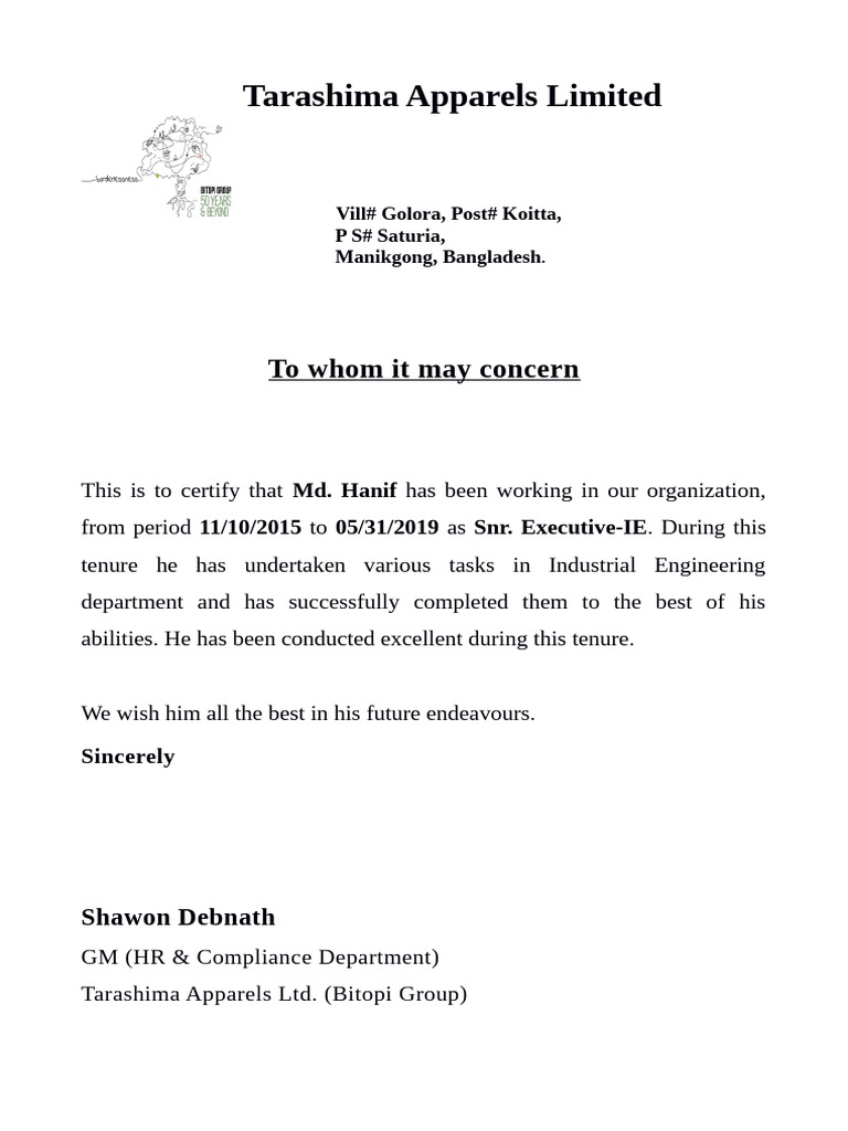 Experience Certificate-Bitopi GRP | PDF