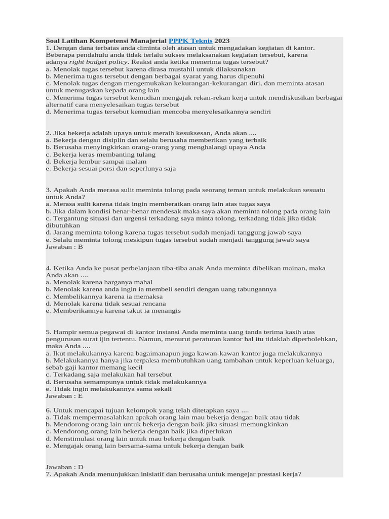 Soal Latihan Manajerial PPPK 2023 | PDF