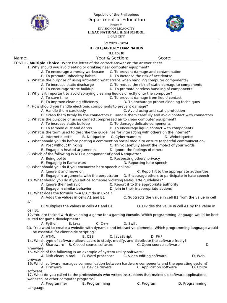 TLE-CSS10 Third Quarter Exam 2023-2024 | PDF | Computer Programming ...