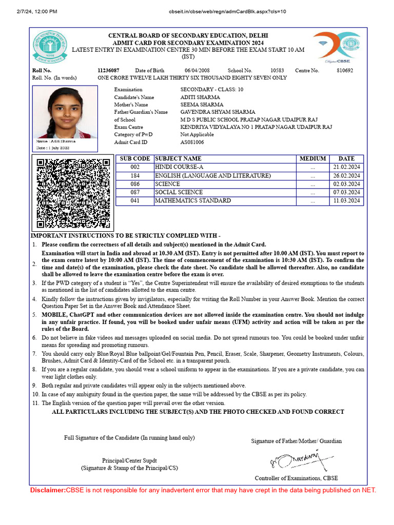 Class X Admit Card | PDF | Pencil | Identity Document