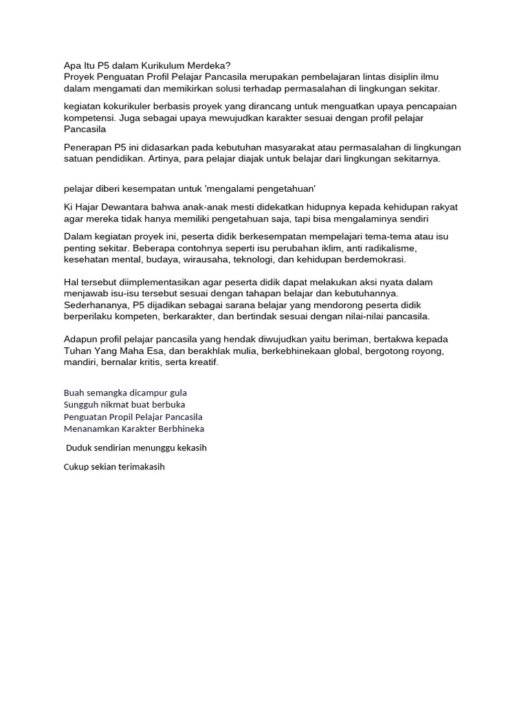 Apa Itu P5 Dalam Kurikulum Merdeka | PDF