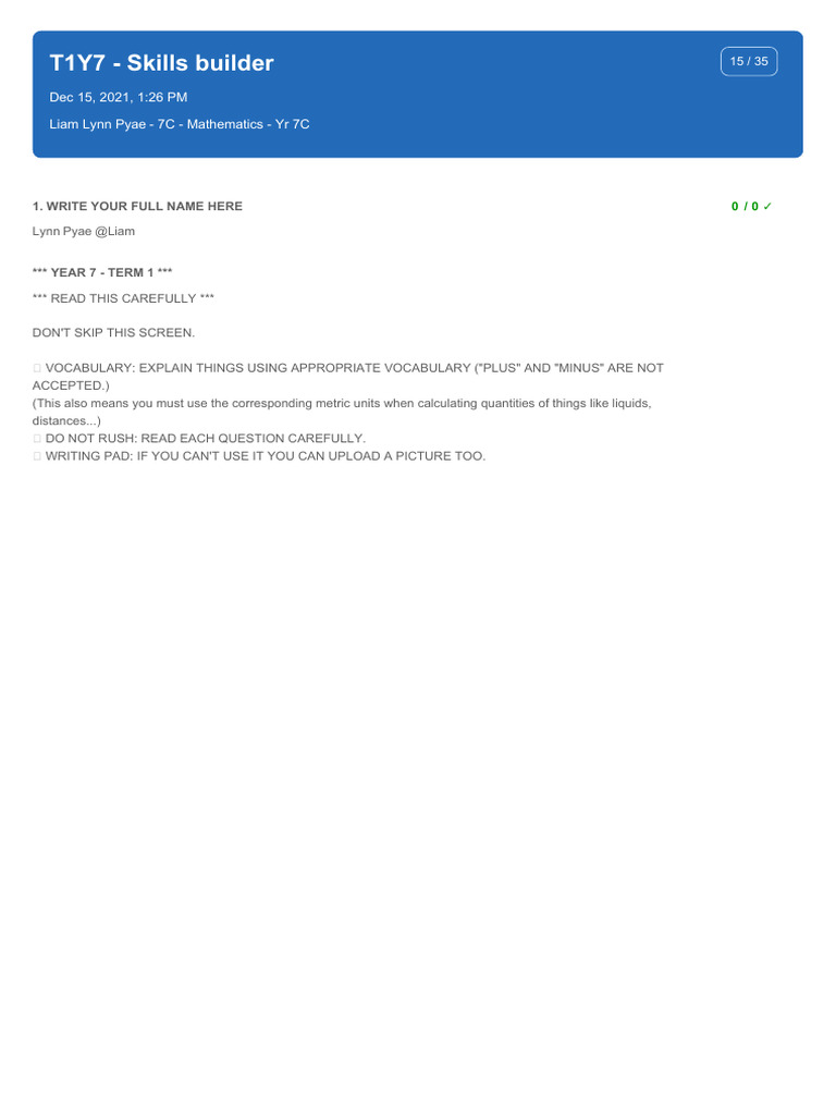T1Y7 - Skills Builder - 7c - Mathematics - Yr 7c - Liam Lynn Pyae | PDF