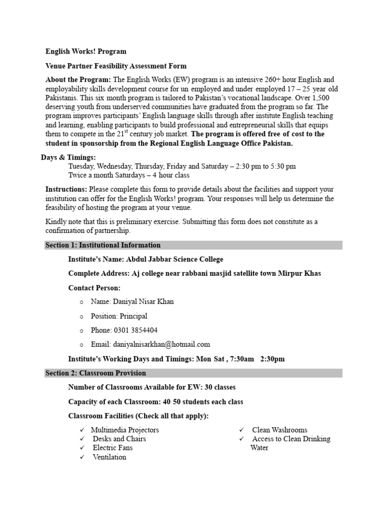 English Works Program Venue Assessment | PDF | Learning