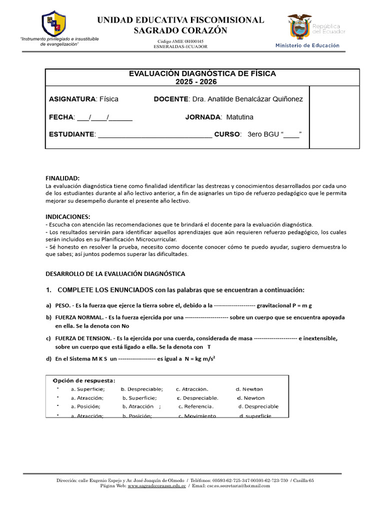 PRUEBA DIAGN-STICA 2025.docx Por Favor Me Venga A Buscar | PDF | Fuerza | Mecanica clasica