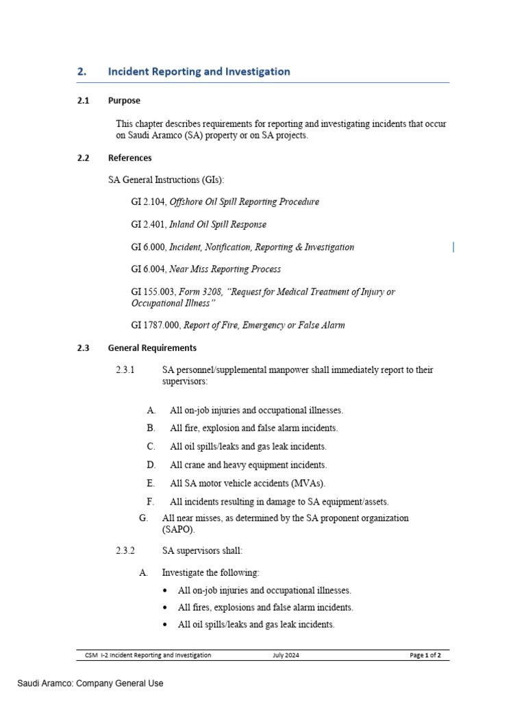 Aramco Incident Reporting Guidelines | PDF