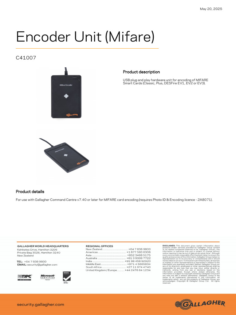 Gallagher Mifare Encoder Unit C41007 | PDF