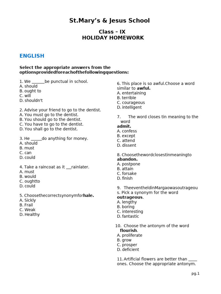 Holiday Homework Class - 9 (English) | PDF | Chess Theory | Chess