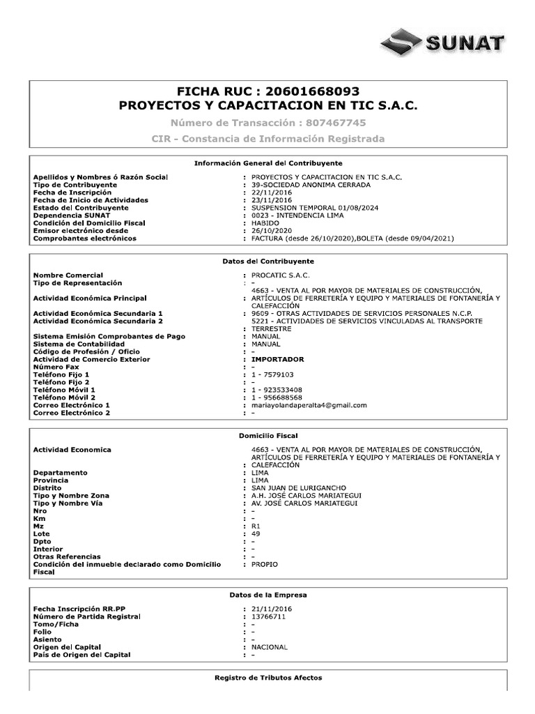 Ficha de Ruc de Procatic | PDF
