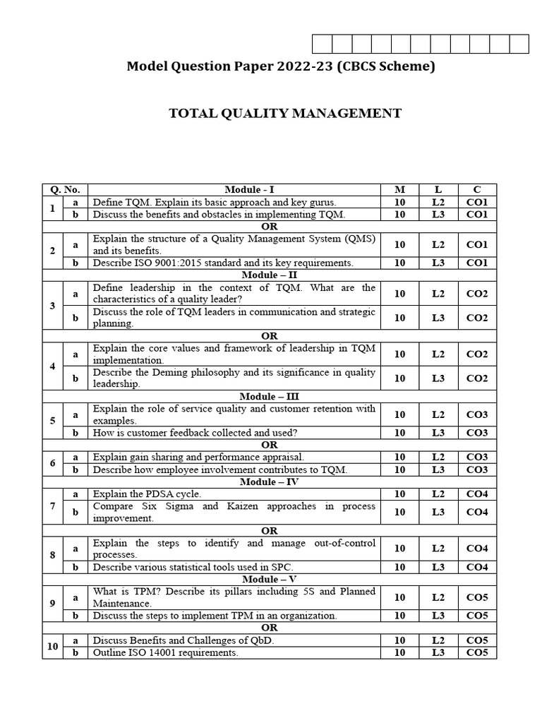 TQM Model Paper1 1BME613A | PDF | Quality Management | Evaluation
