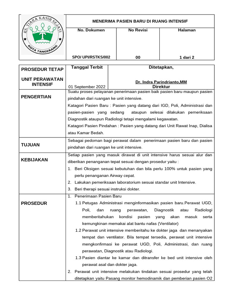 Spo Kep (Nicu-Picu-Menerima Pasien Baru Di Ruang Intensif | PDF