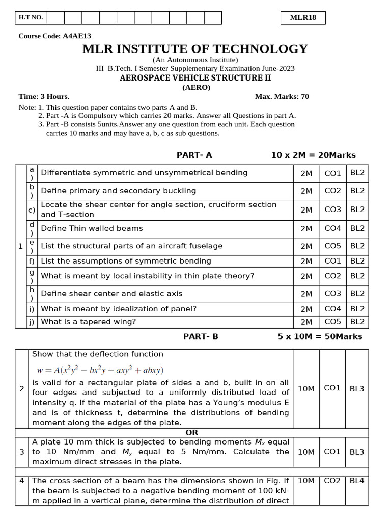 Aerospace Vehicle Structure Exam Paper | PDF | Bending | Beam (Structure)