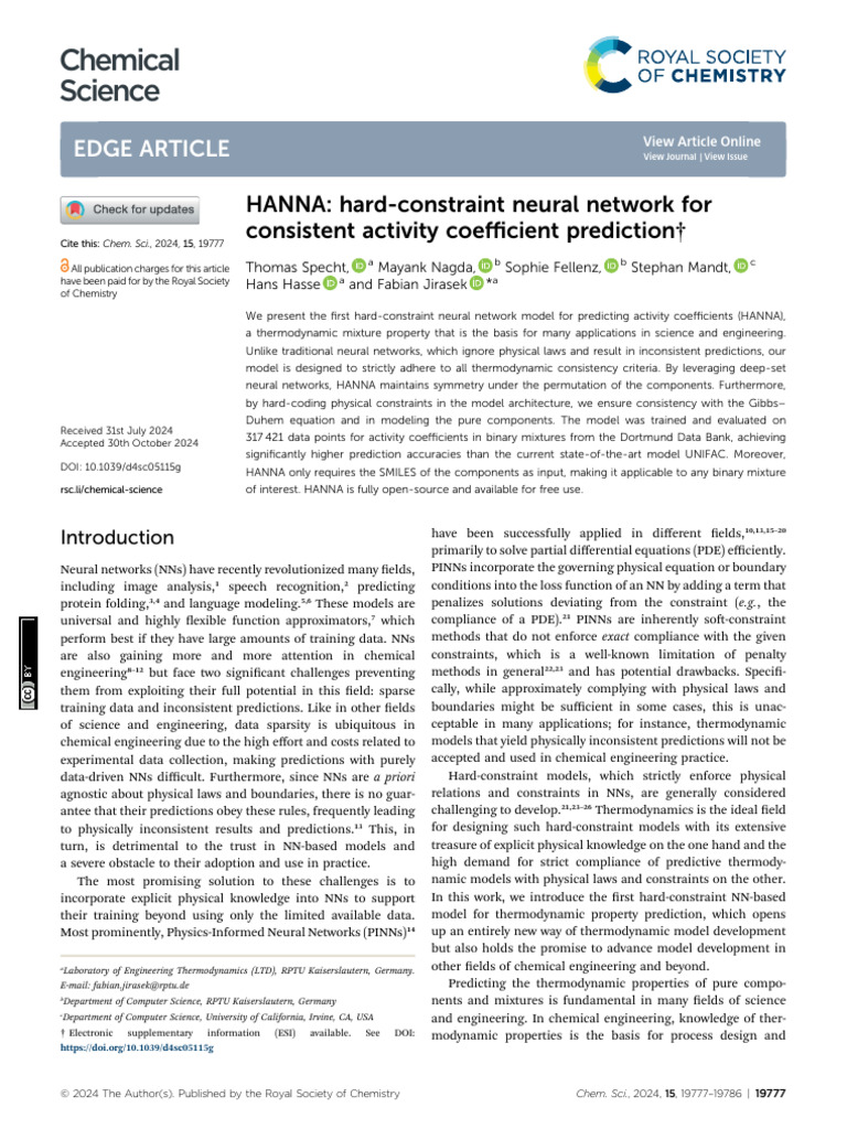 HANNA - Hard-Constraint Neural Network For Consistent Activity Coefficient Prediction | PDF ...