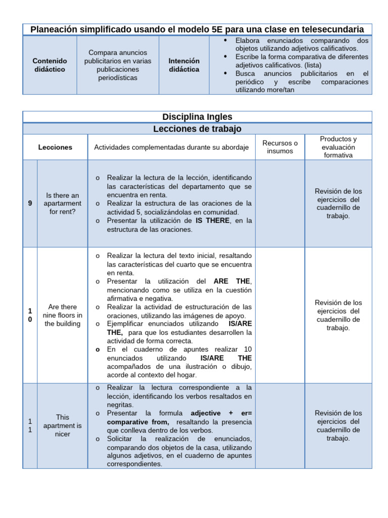 Planeación 5E para Telesecundaria en Inglés | PDF
