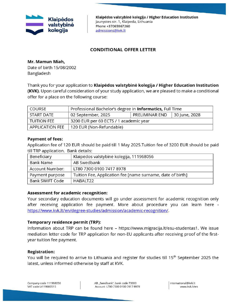 Mamun Conditional Offer Letter | PDF