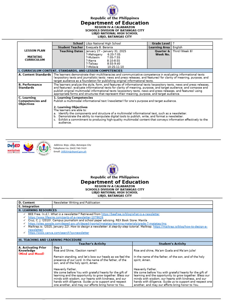 Grade 7 English Newsletter Lesson Plan | PDF | Vocabulary | Communication