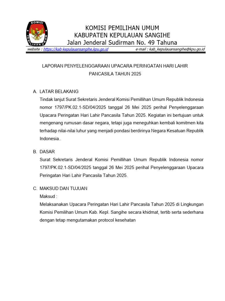 KPU Sngihe - Laporan Penyelenggaraan Upacara HARLAH Pancasila Thn. 2025 | PDF