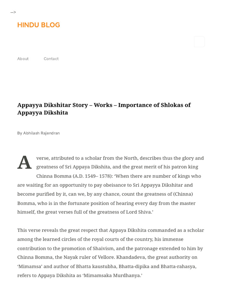 Appayya Dikshitar Story - Works - Importance of Shlokas of Appay | PDF ...