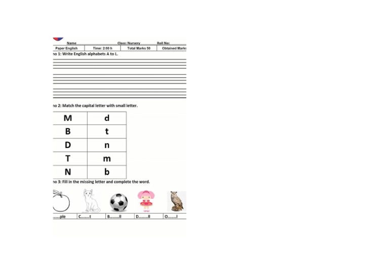 Pre Nursery English Paper t1 | PDF