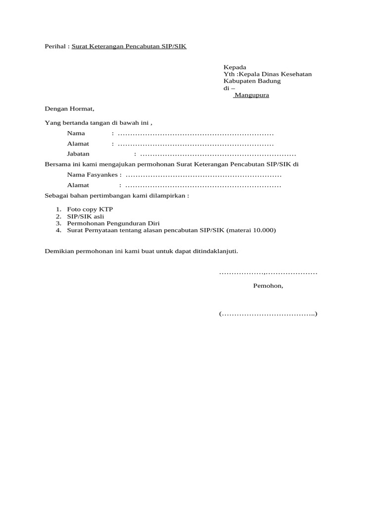 Permohonan Surat Keterangan Surat Pencabutan SIP Mandiri | PDF