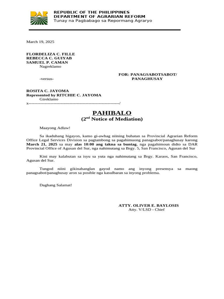 Notice of Mediation - Talacogon Layma | PDF