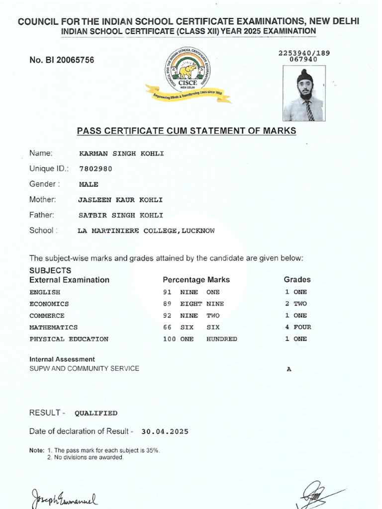 Karman Class Xii Statement of Marks | PDF