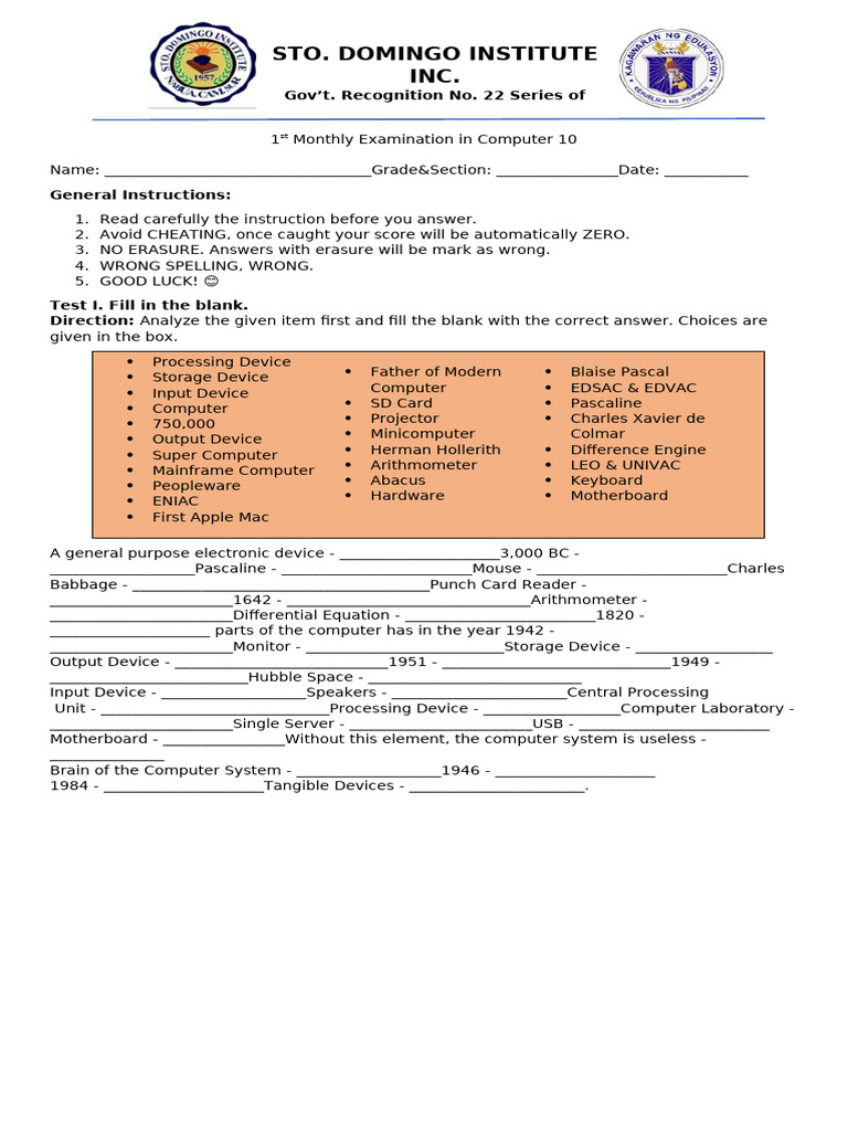 1st Monthly Examination in Computer 10 | PDF | Computer Hardware | Computer Science