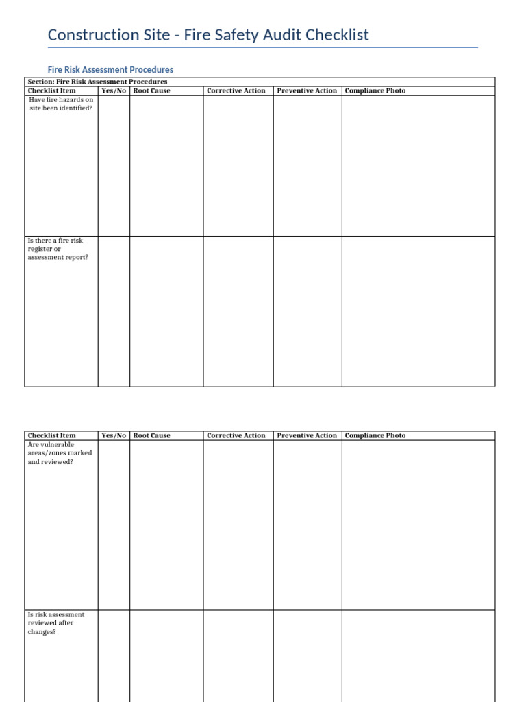 Construction Fire Safety Audit Checklist | PDF | Fire Safety | Fires