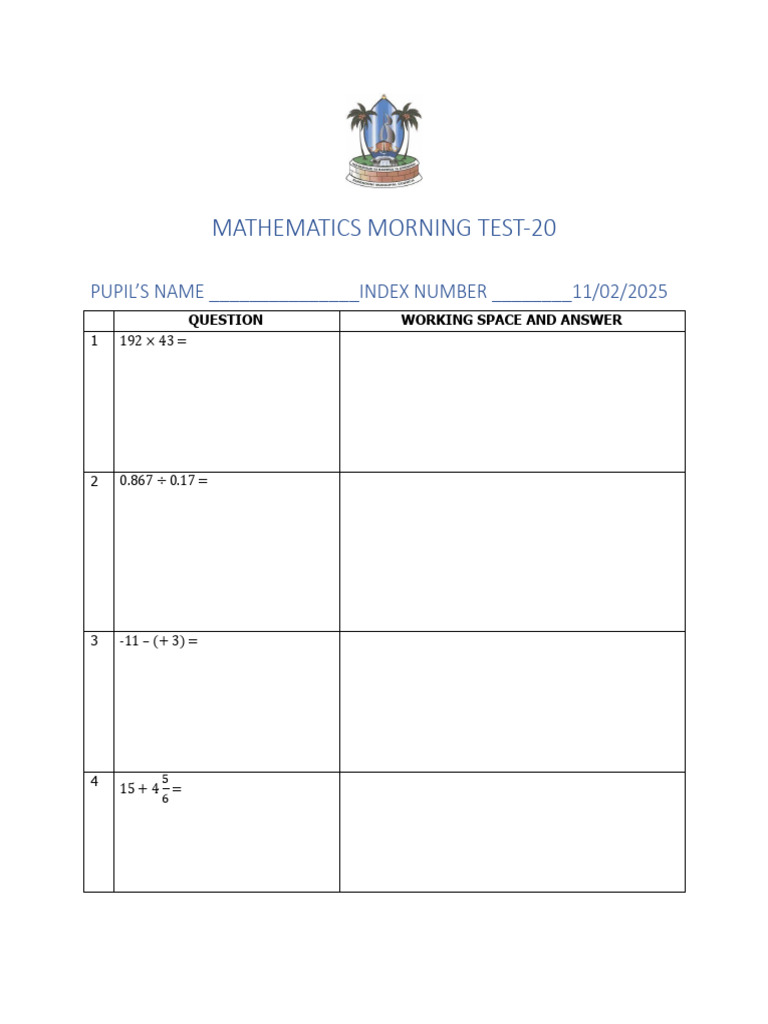 Mathematics Morning Test 20 | PDF