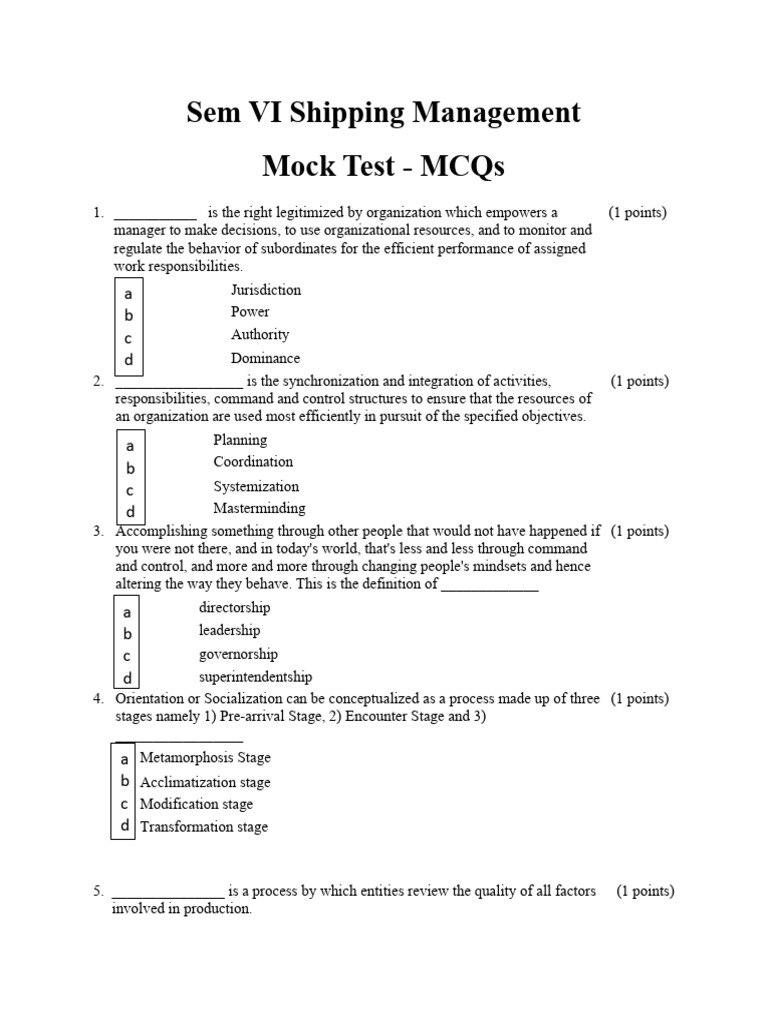 Shipping Management Mock Test MCQs | PDF | Business | Social Psychology