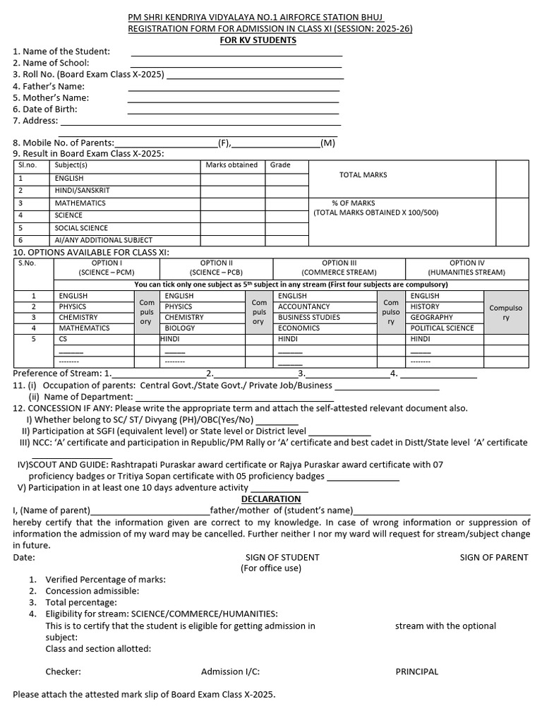 Class XI Admission Form 2025-26 KV | PDF