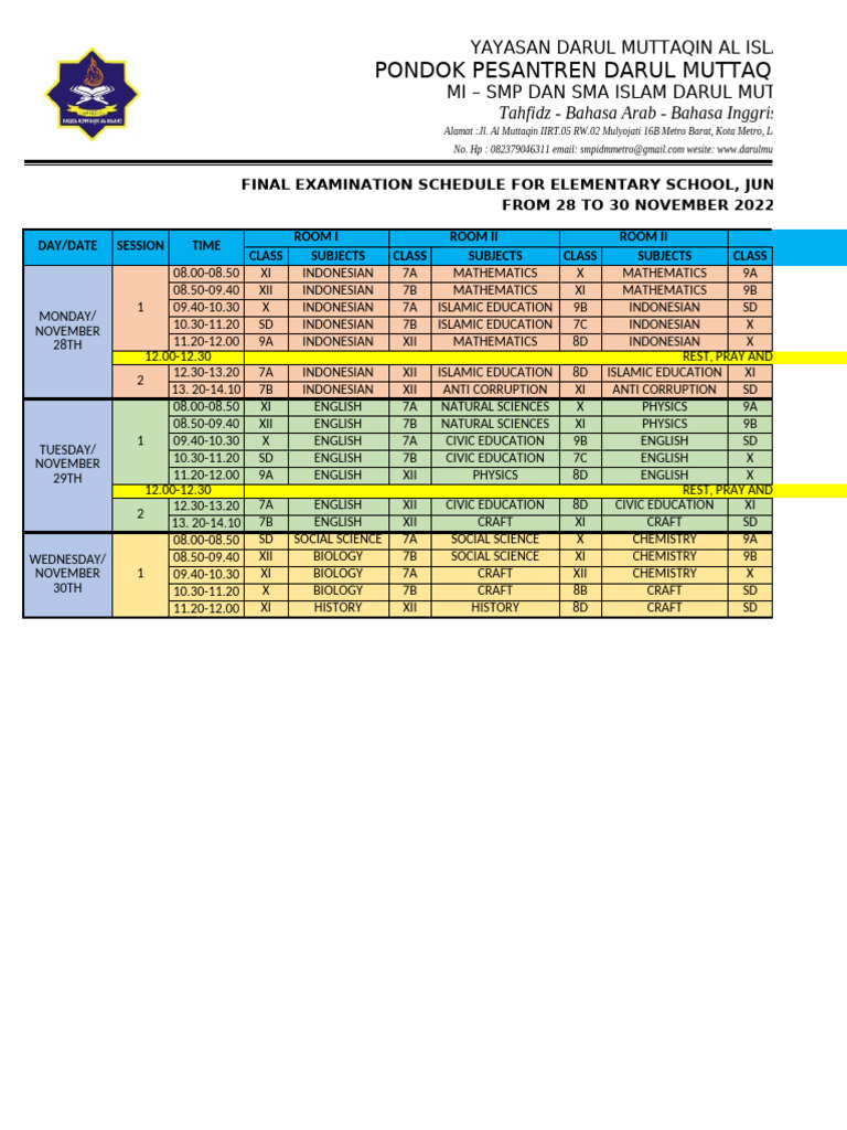 Darul Muttaqin Exam Schedule 2022 | PDF