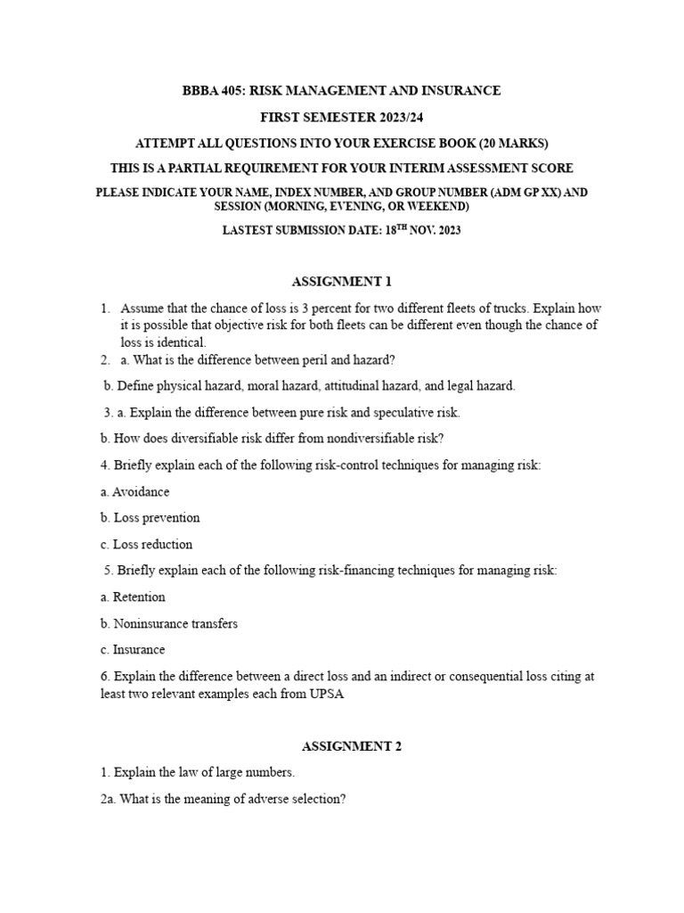 Assignment 1-2-3 Risk Management and Insurance | PDF | Insurance | Risk
