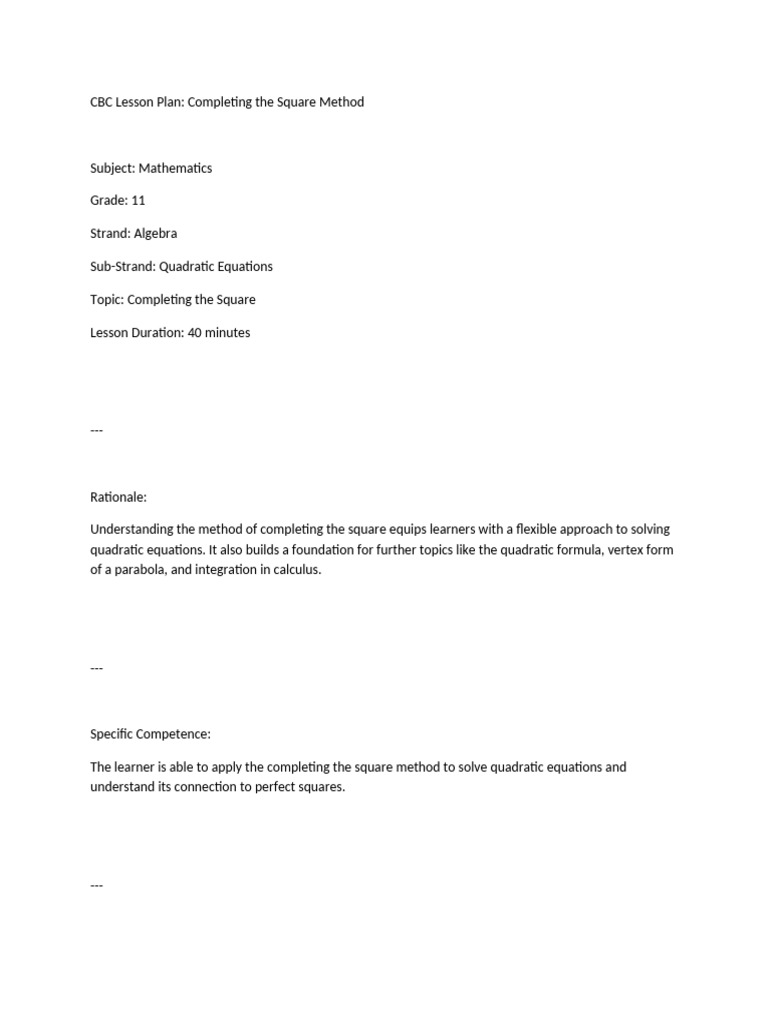 CBC Lesson Plan-WPS Office | PDF | Quadratic Equation | Mathematics