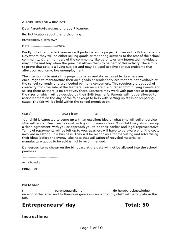 GUIDELINES FOR A PROJECT - EMS Grade 7 | PDF | Expense | Entrepreneurship