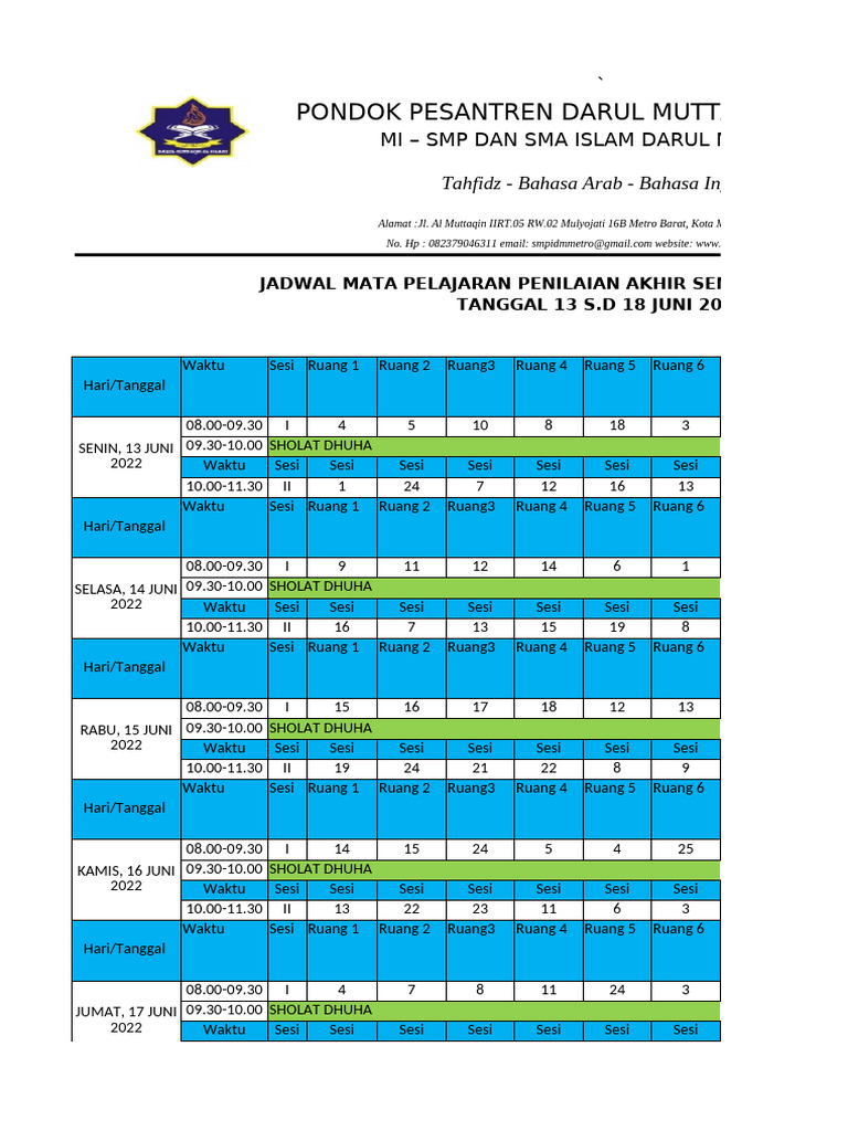 Jadwal Mapel PTS Pondok Ganjil 2022-2023 | PDF