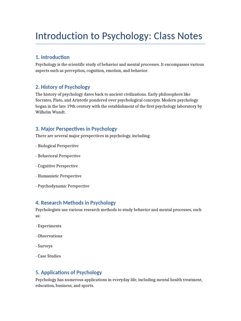 Introduction To Psychology Class Notes | PDF