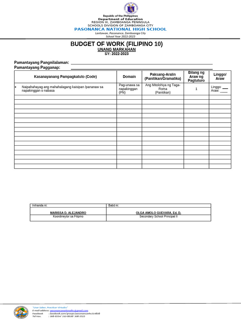 FILIPINO Budget of Work | PDF