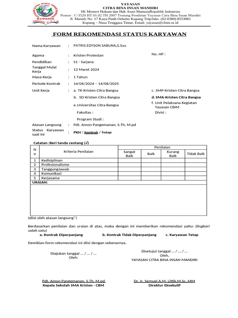 Form Rekomendasi Guru - Patris Edyson Sabuna, S.sos | PDF