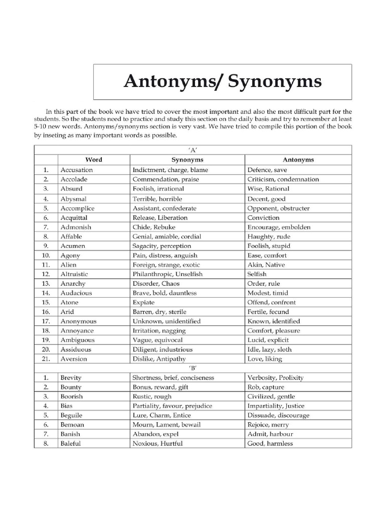 Antonyms & Synonyms | PDF