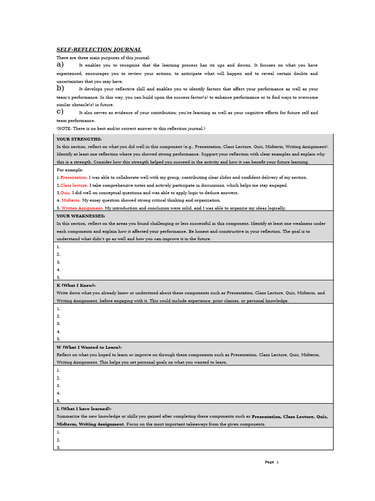 Self-Reflection Journal Guide | PDF | Critical Thinking | Psychological ...