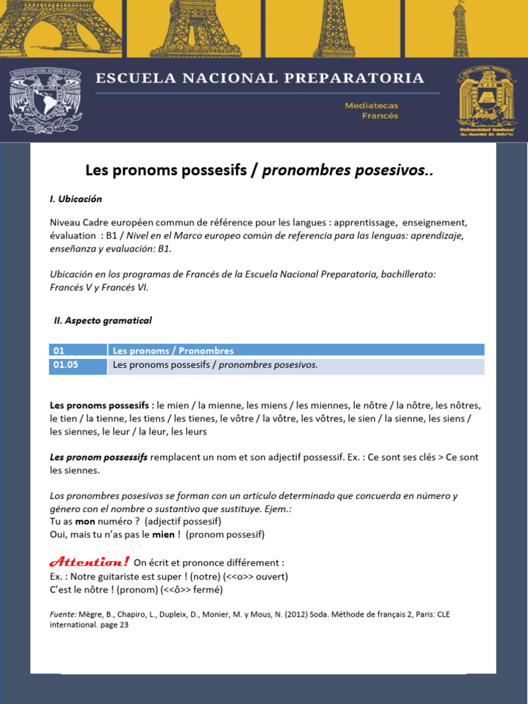 Guide des pronoms possessifs en français | PDF