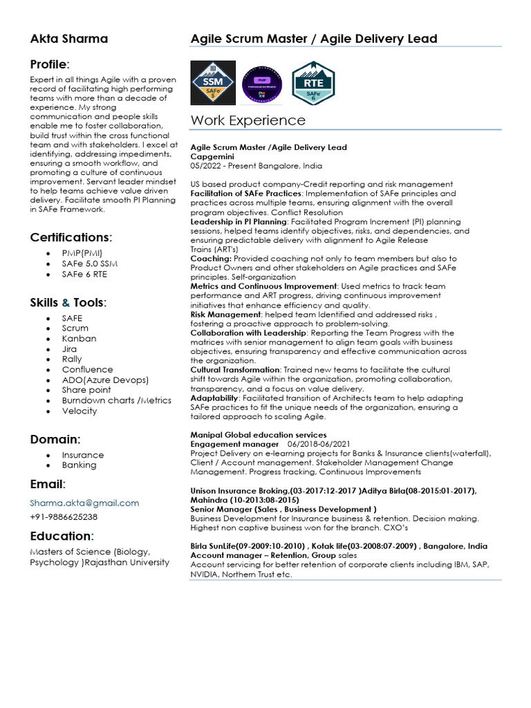 Akta Sharma - Agile Scrum Master Bangalore | PDF | Agile Software Development | Scrum (Software ...