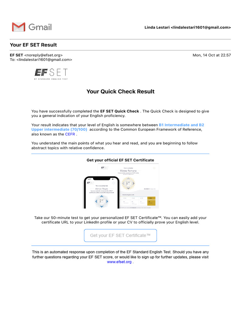 EF SET Quick Check Results Summary | PDF