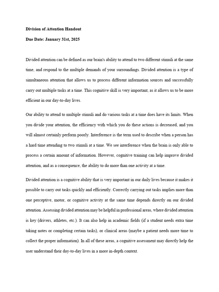 Division of Attention Handout | PDF | Attention | Cognition