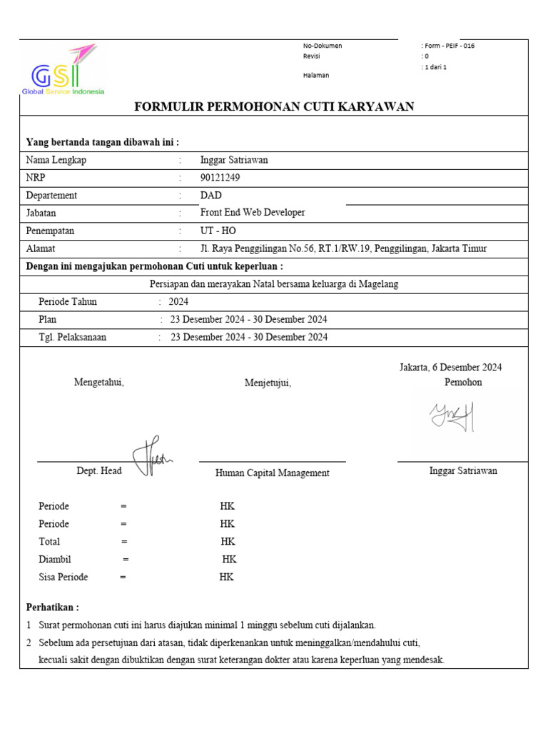 016 PEIF - Form Permohonan Cuti Karyawan Inggar Satriawan - Natal | PDF